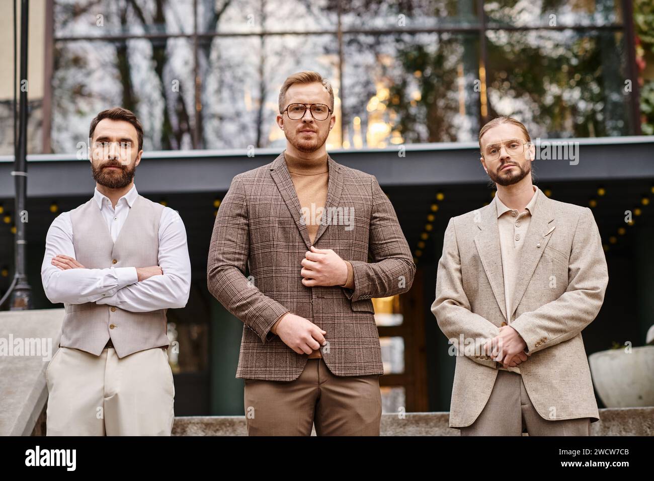 concentrated handsome business leaders in elegant clothes posing ...