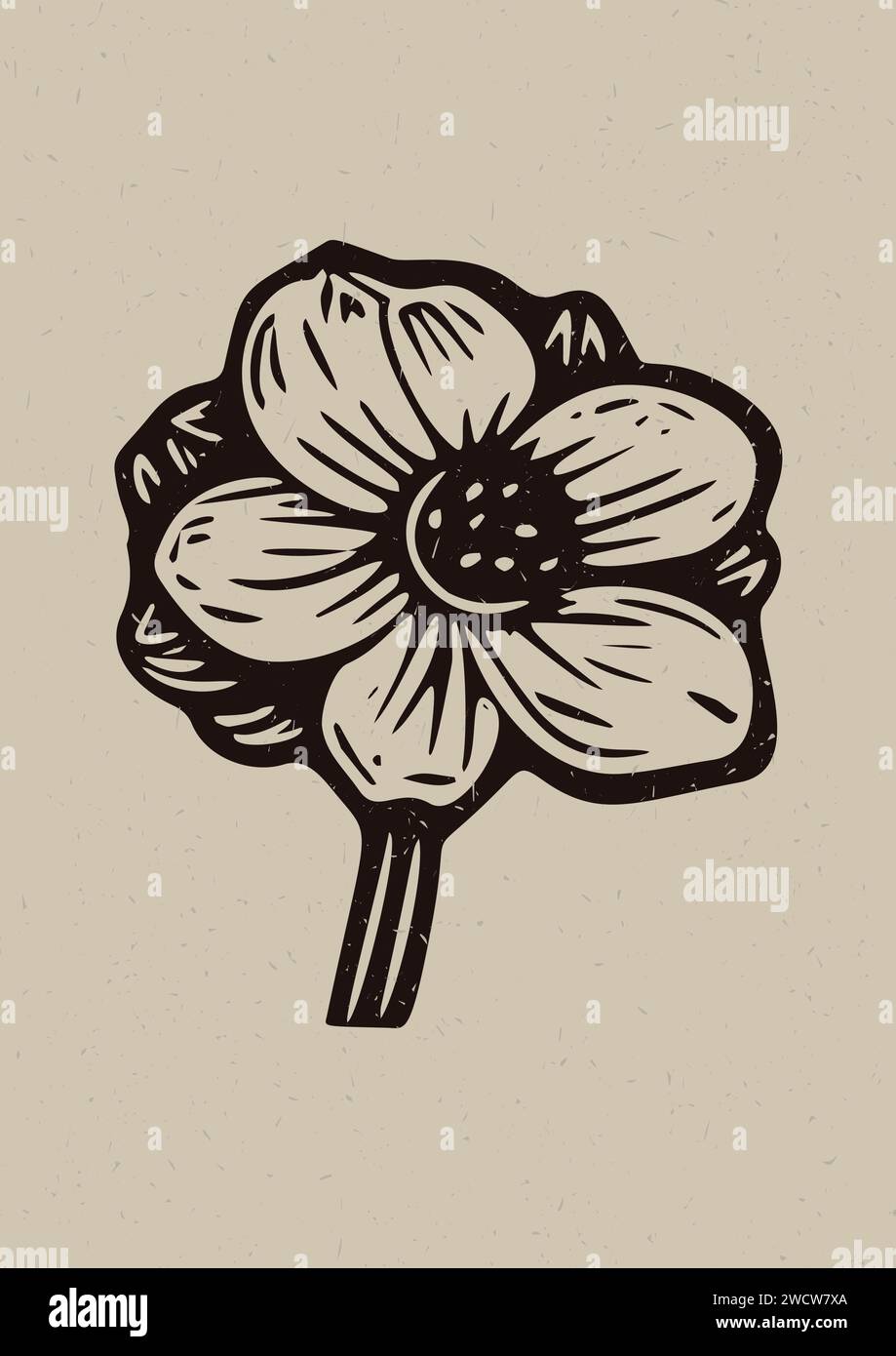 Handmade linocut flower motif clipart in folkart scandi style. Simple ...