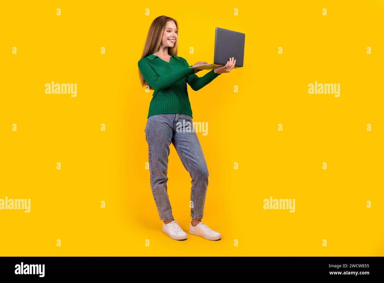 Full body size photo of cheerful girl loves learning new knowledge ...