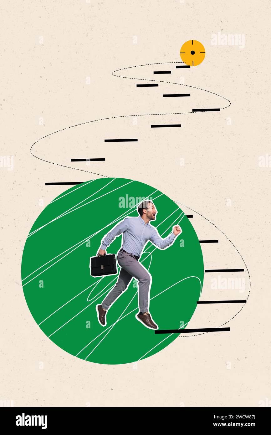 Vertical creative collage image of funny man running stairs reach ...