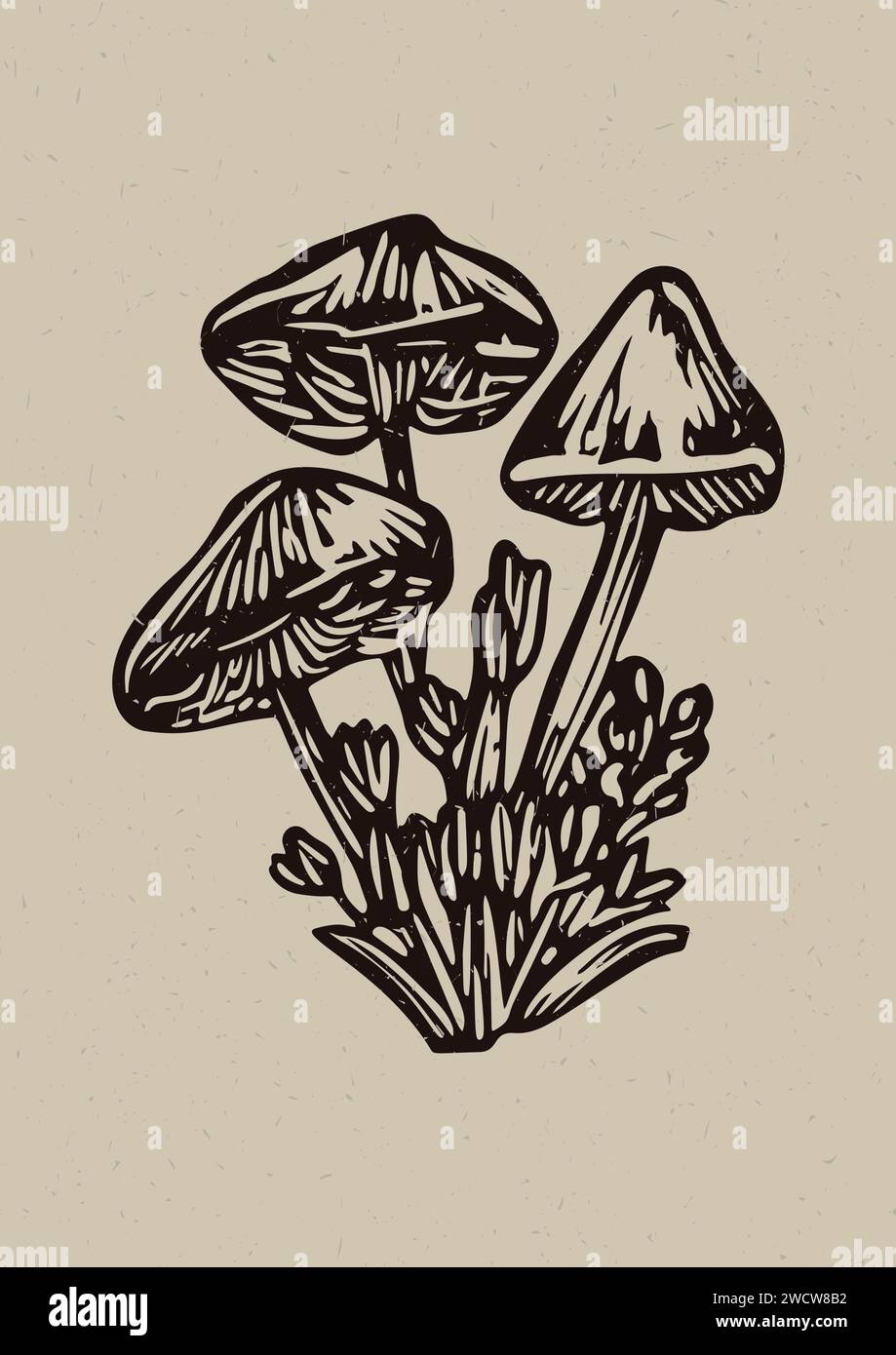 Handmade linocut mushroom motif clipart in folkart scandi style. Simple ...