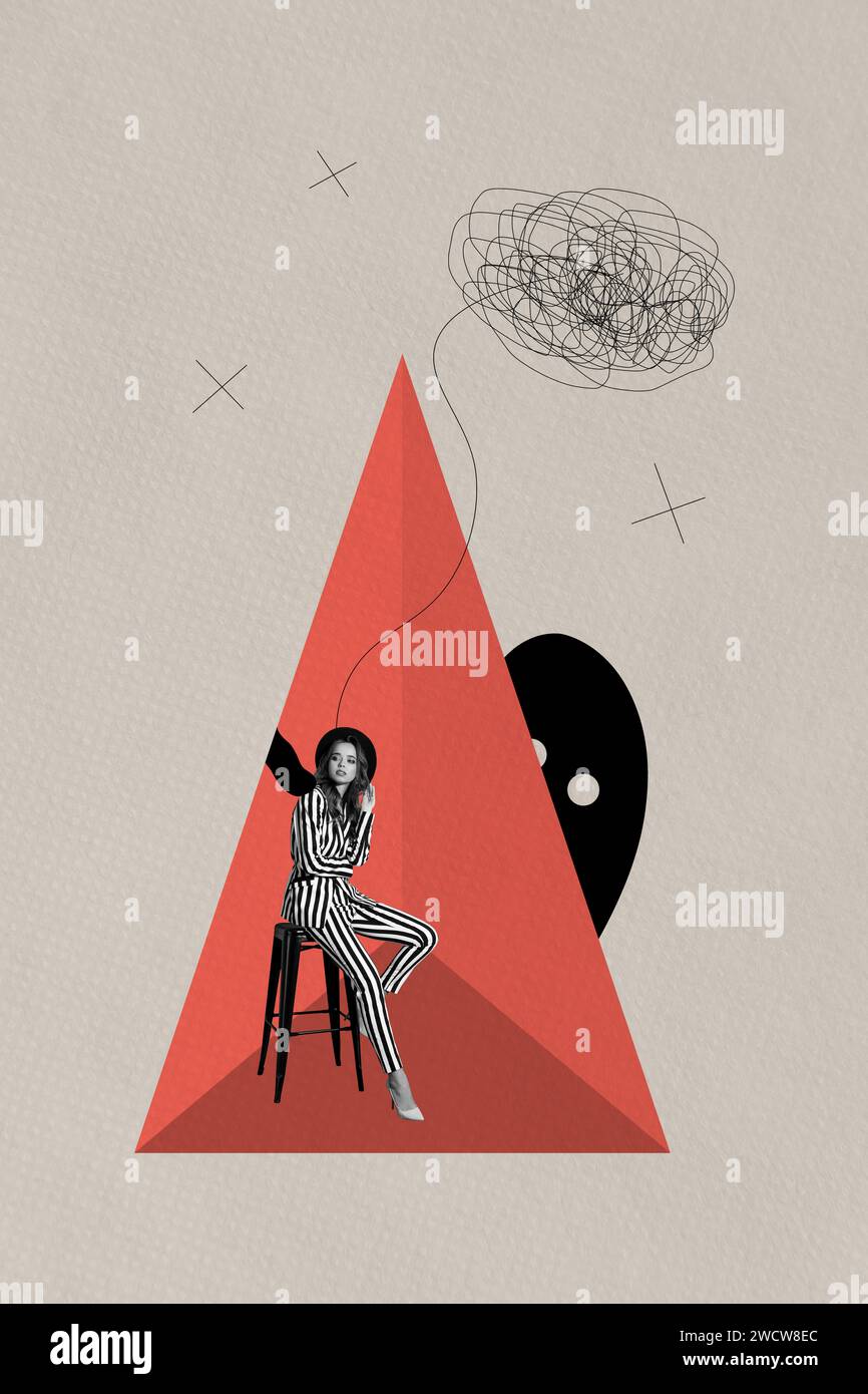 Creative trend collage of girl sit chair tangled negative thoughts ...