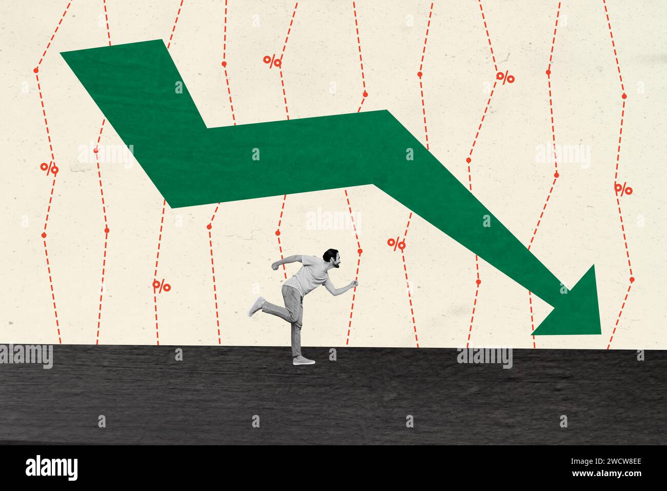 Collage 3d image pop retro sketch of arrow point down recession ...