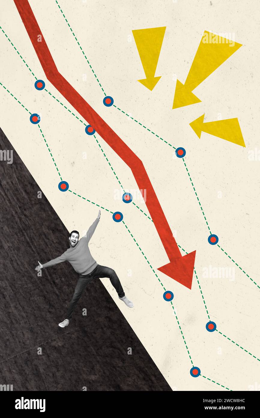 Vertical creative collage of falling man down arrow recession ...