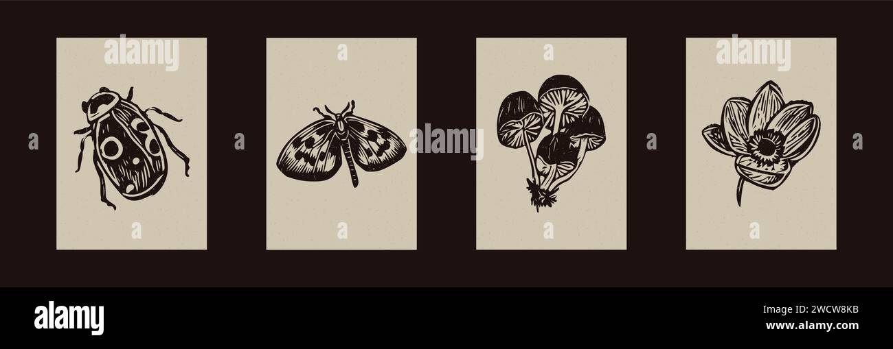 Handmade linocut bug, butterfly motif clipart in folkart scandi style ...
