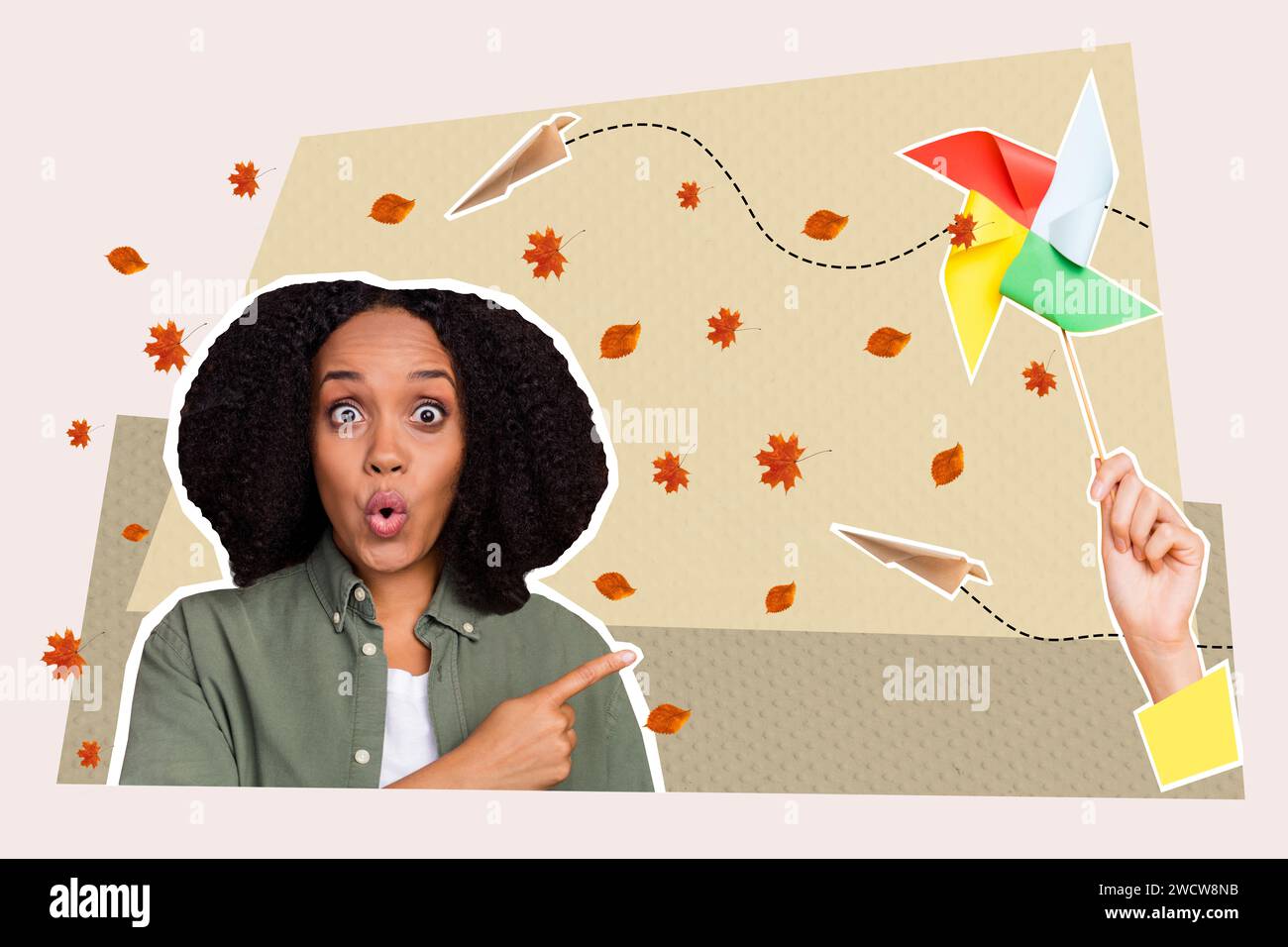 Collage 3d image sketch of autumn season fall leaves girl point paper ...