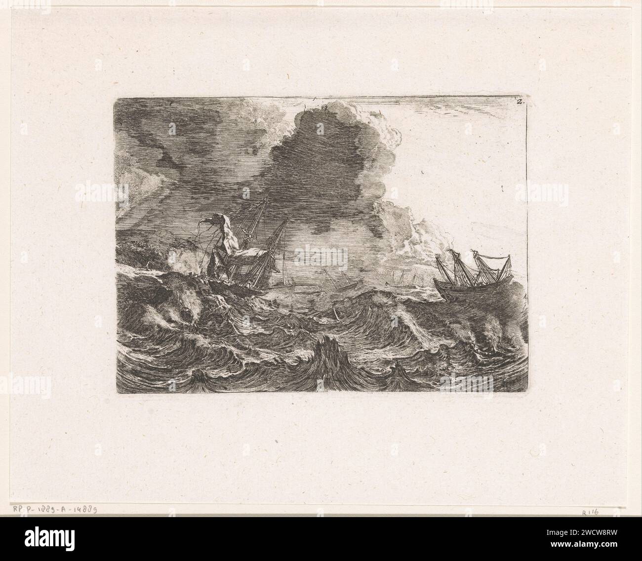 Ships in a storm at sea, a ship stranded on the rocks, Johann Wilhelm ...