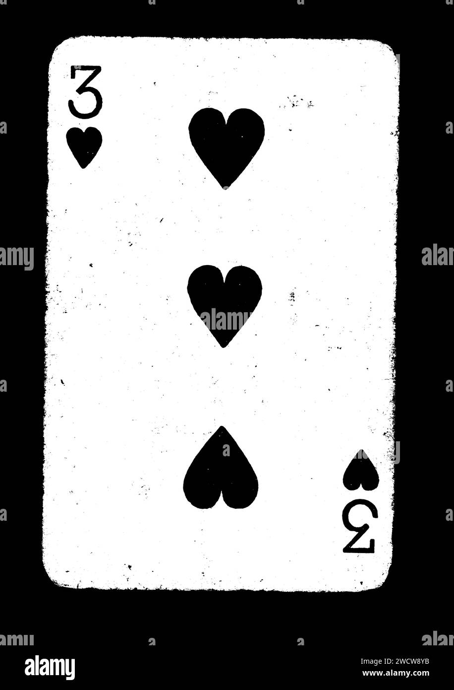A vintage three of hearts playing card in black and white isolated on a ...