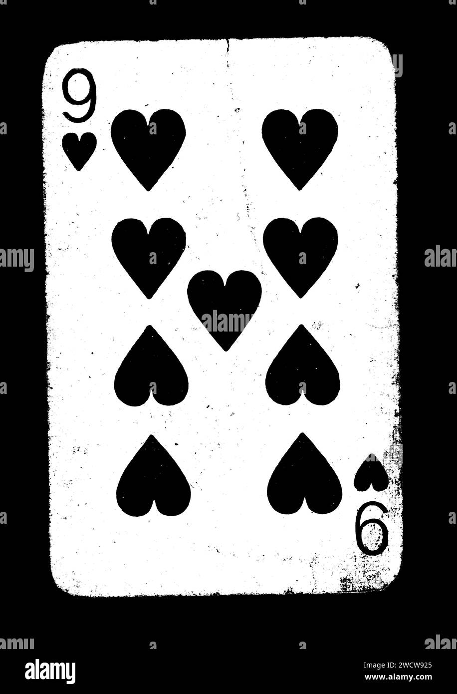 A vintage nine of hearts playing card in black and white isolated on a ...