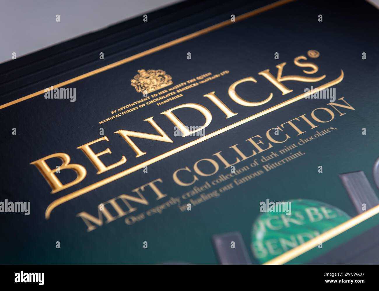 London. UK- 12.26.2023. Close up of the cover of a box of Bendicks Mint ...