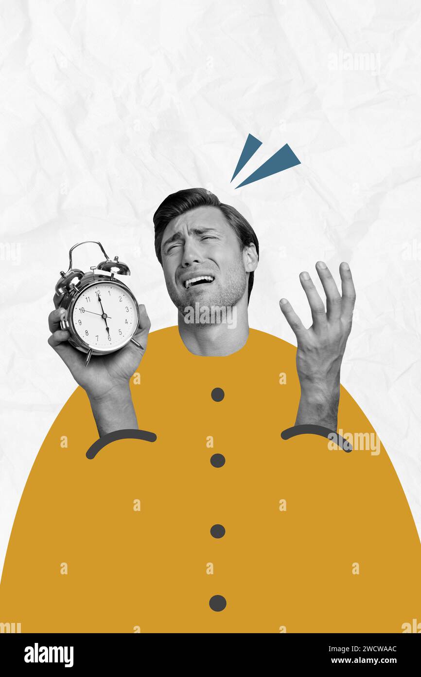 Collage picture of tired lazy sleepy crying man at home waking up to ...