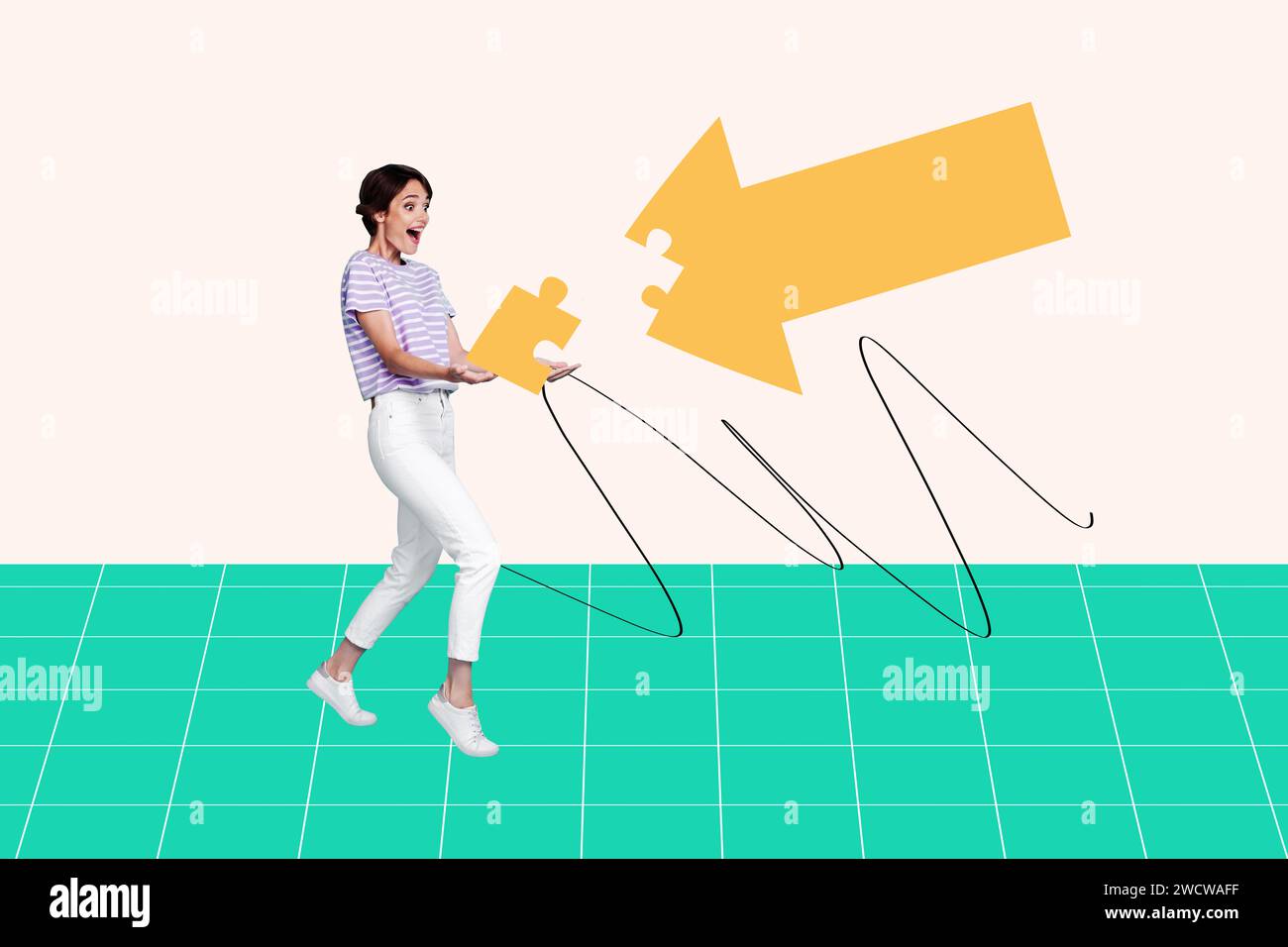 Creative graphics collage painting of impressed excited lady finding ...