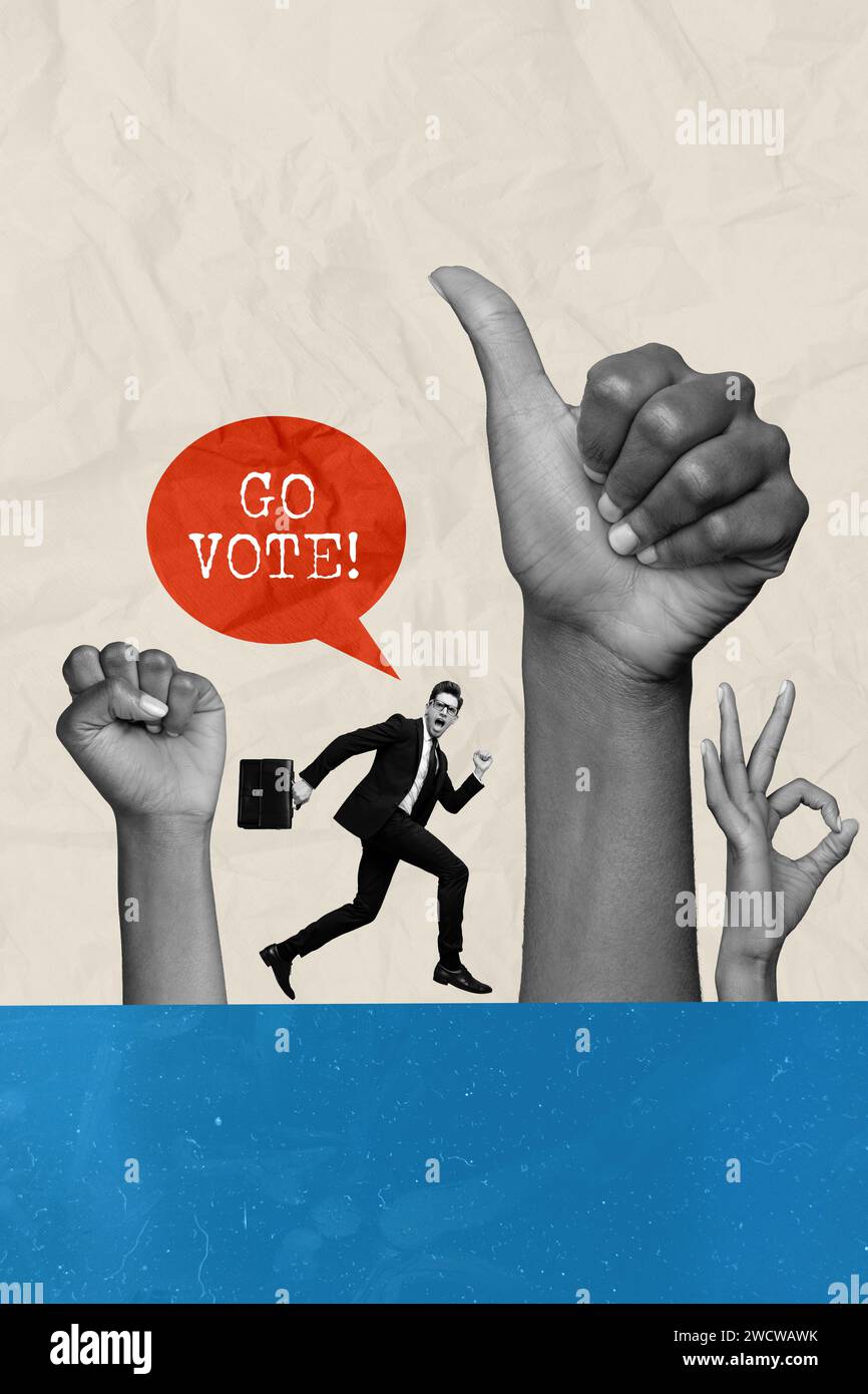 Image retro collage banner of responsible handsome man going vote ...