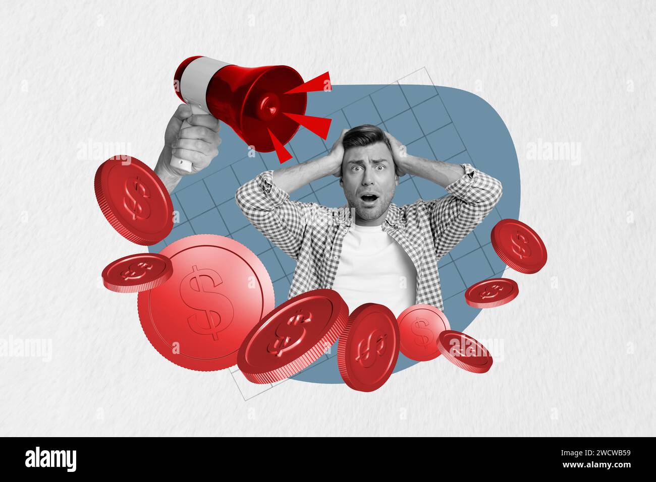 Poster collage of sad afraid scared man touch head omg bankruptcy lost ...