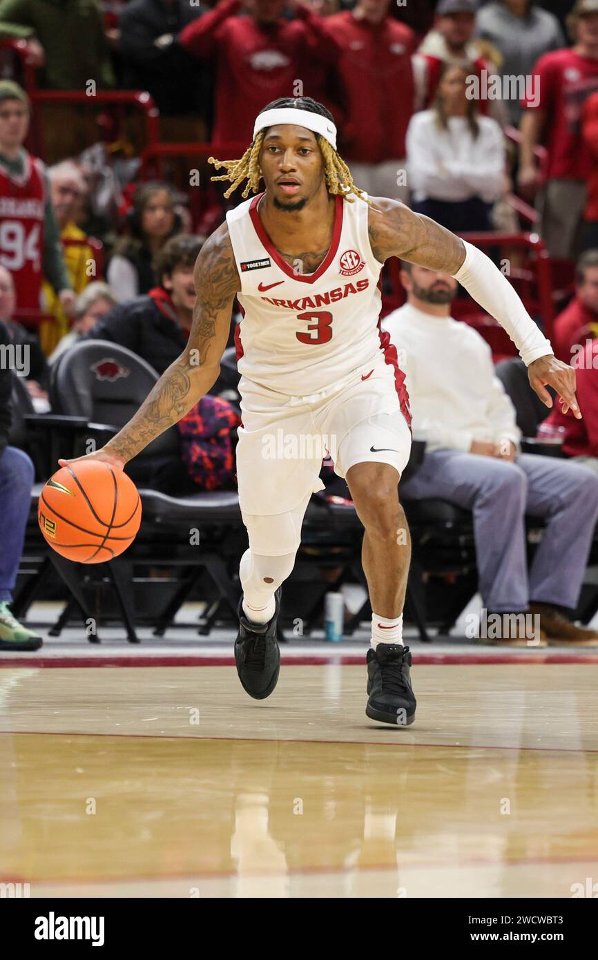 January 16, 2024: El Ellis #3 Arkansas guard drives towards the basket ...