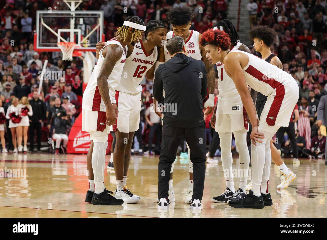 January 16, 2024: Arkansas Head Coach Eric Musselman gathers his team ...