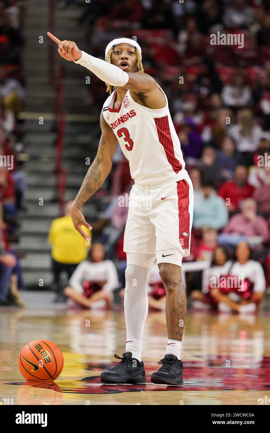 January 16, 2024: Razorback point guard El Ellis #3 motions to his ...