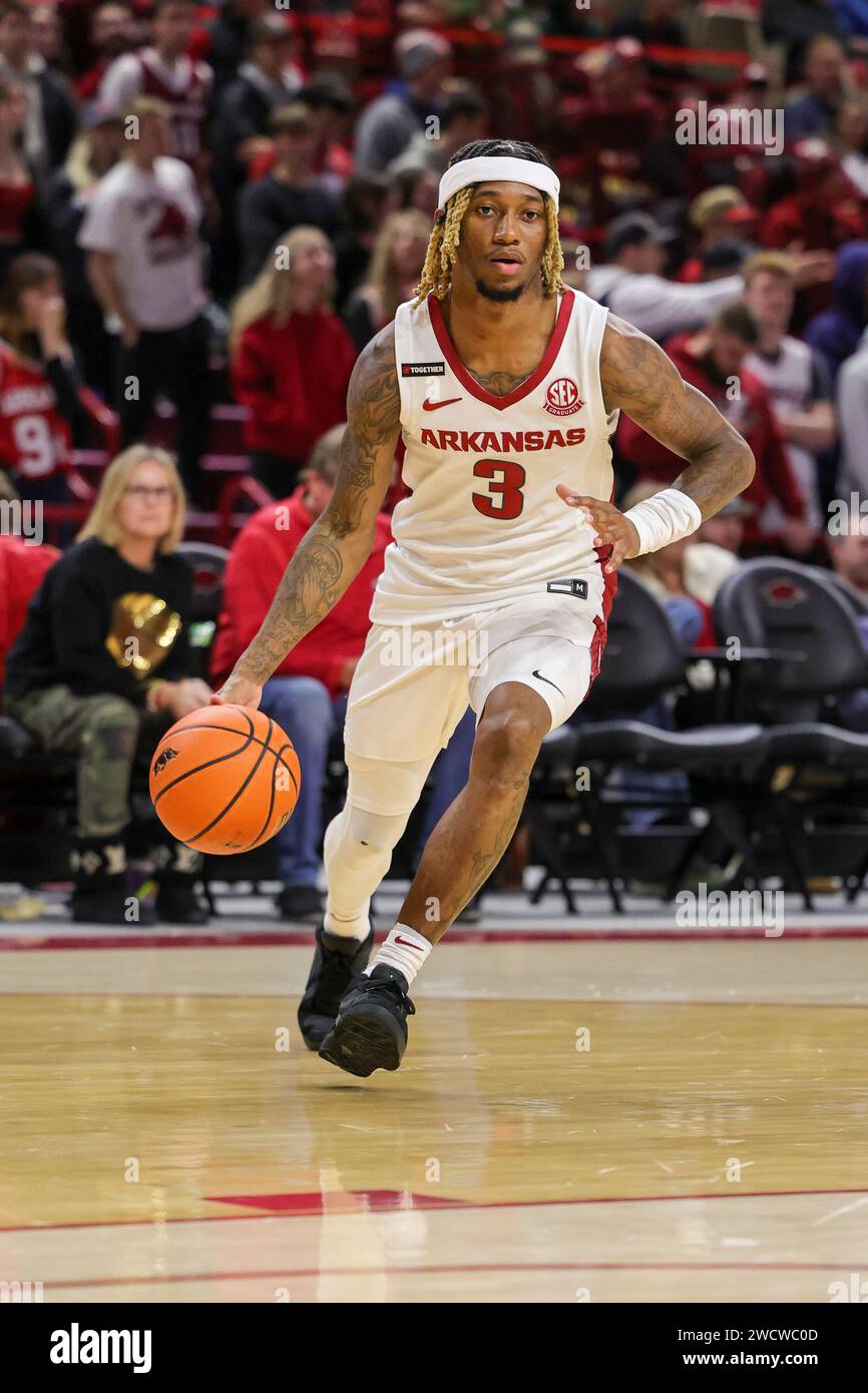 January 16, 2024: Razorback guard El Ellis #3 brings the ball along the ...