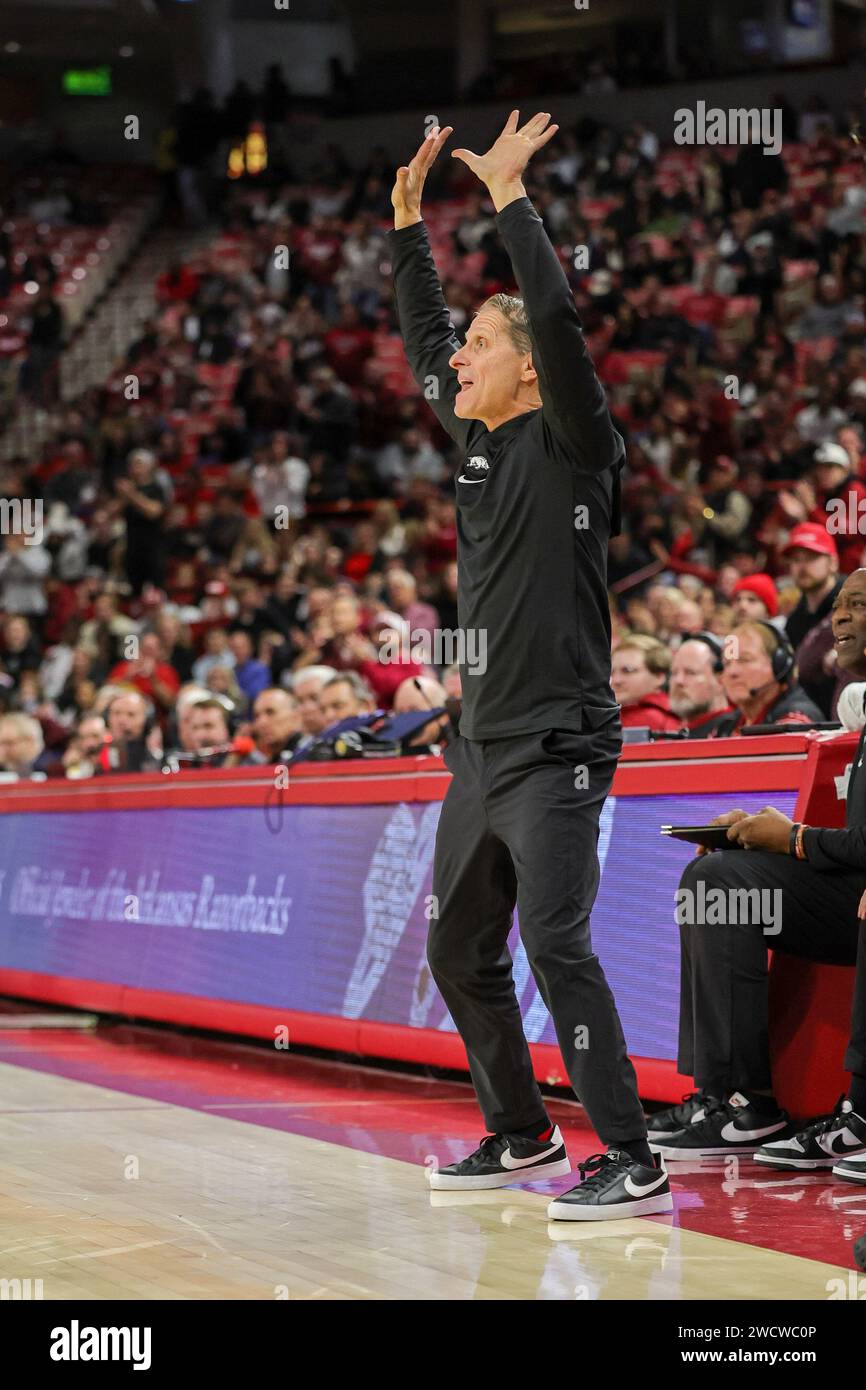 January 16, 2024: Arkansas Head Coach Eric Musselman motions to his ...