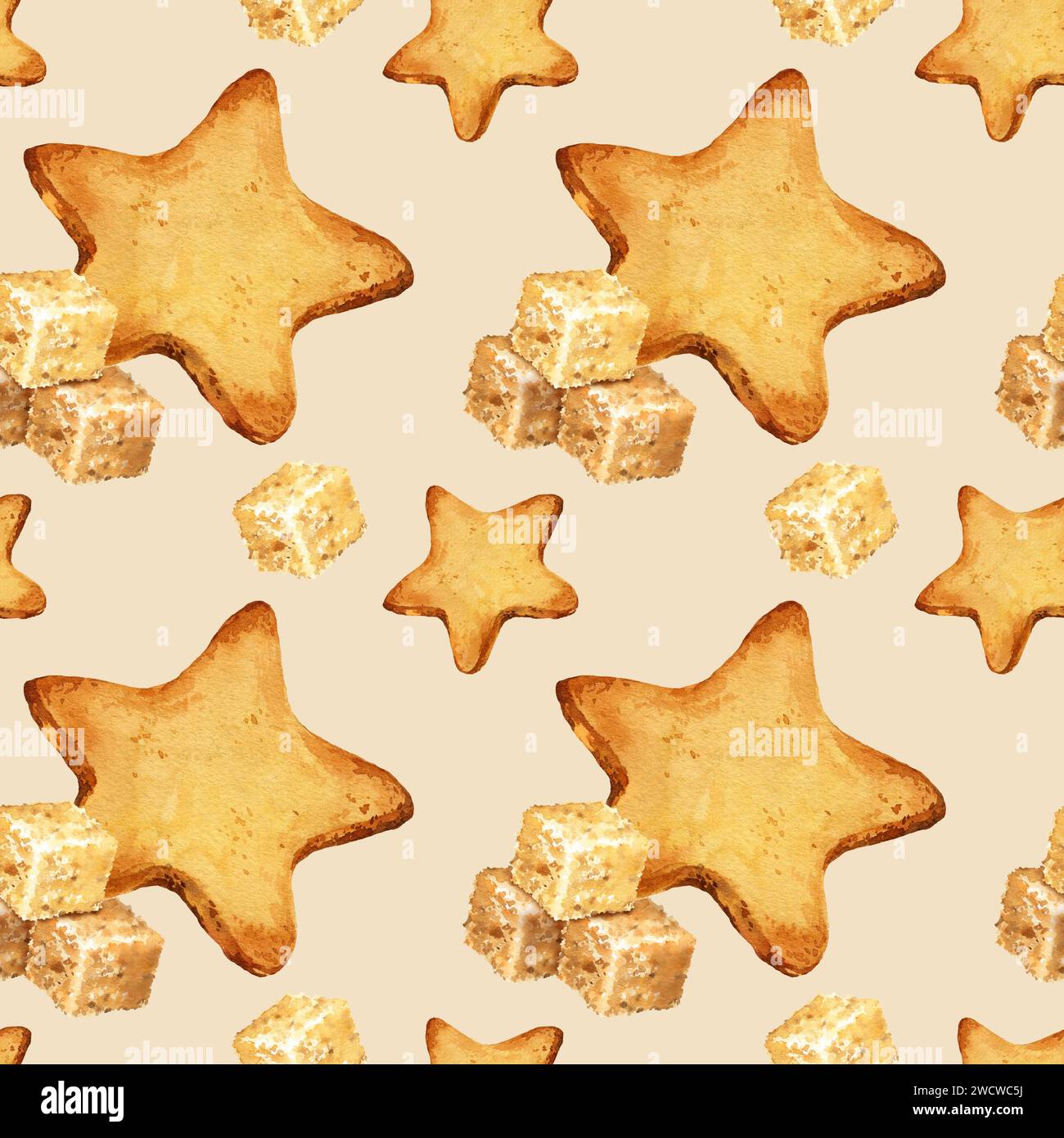 watercolor seamless pattern with cookies, biscuits, brown sugar cubes ...