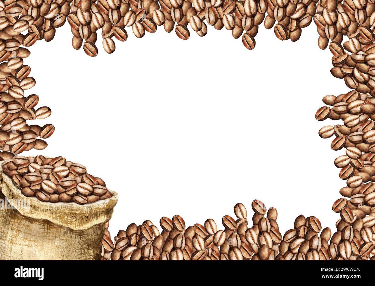 watercolor horizontal frame with coffee beans and full brown canvas bag ...