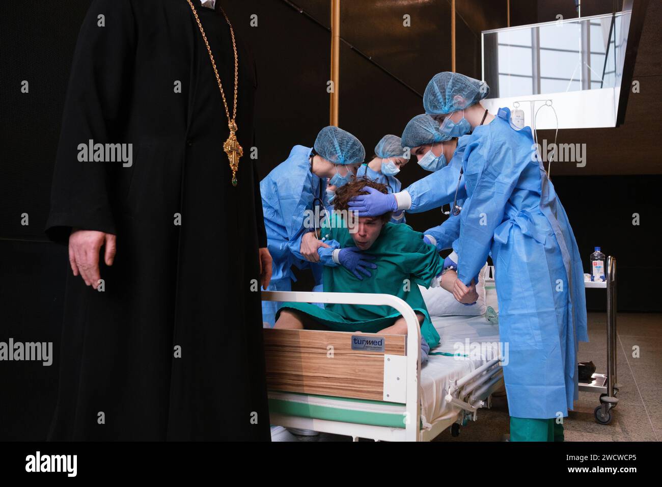 Actors perform during the representation of OEDIPUS REY, OF SOPHOCLES ...