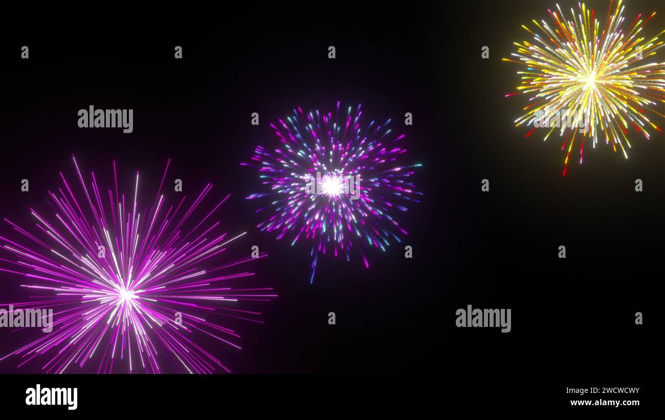 Colorful fireworks on black background. Computer generated 3d render ...