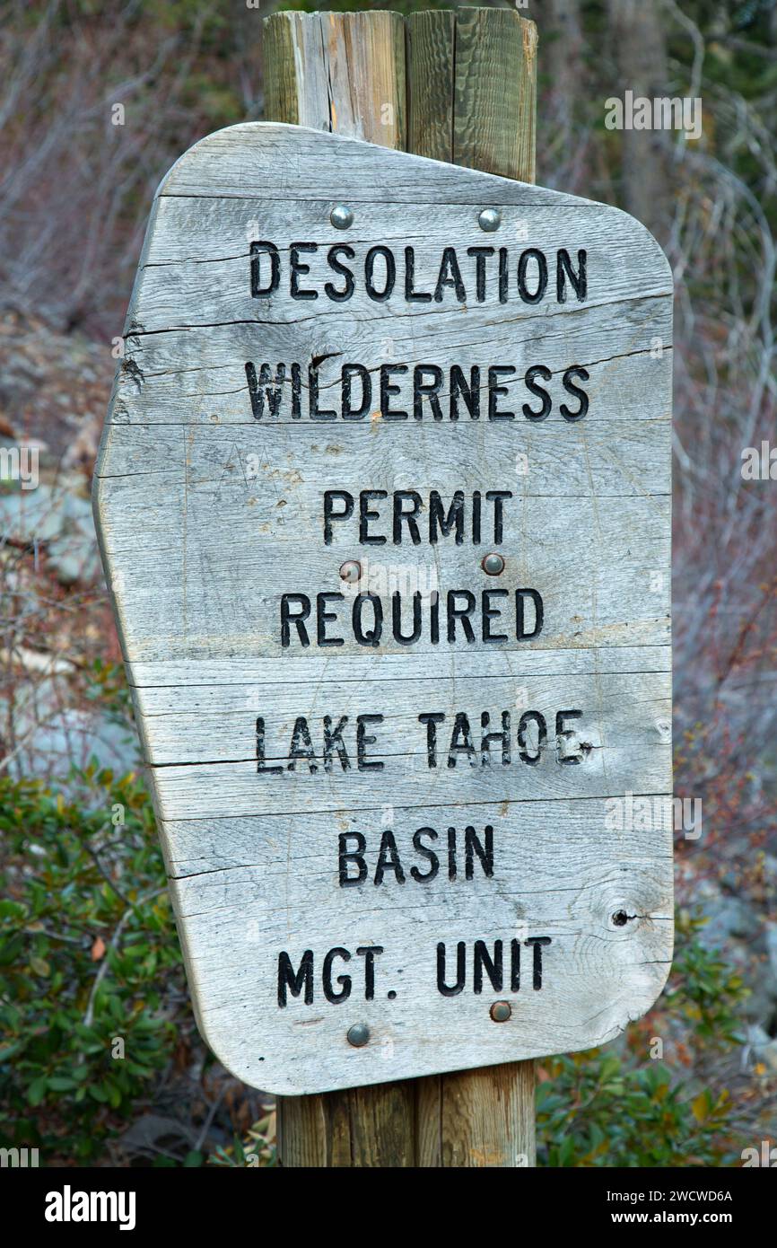 Wilderness boundary sign, Desolation Wilderness, Lake Tahoe Basin ...