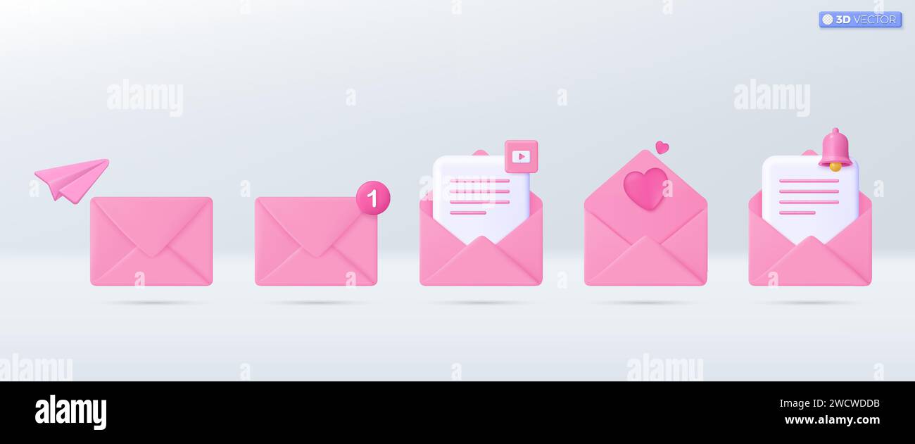 3d Pink mail envelope icon set symbol. Render email notification, play ...