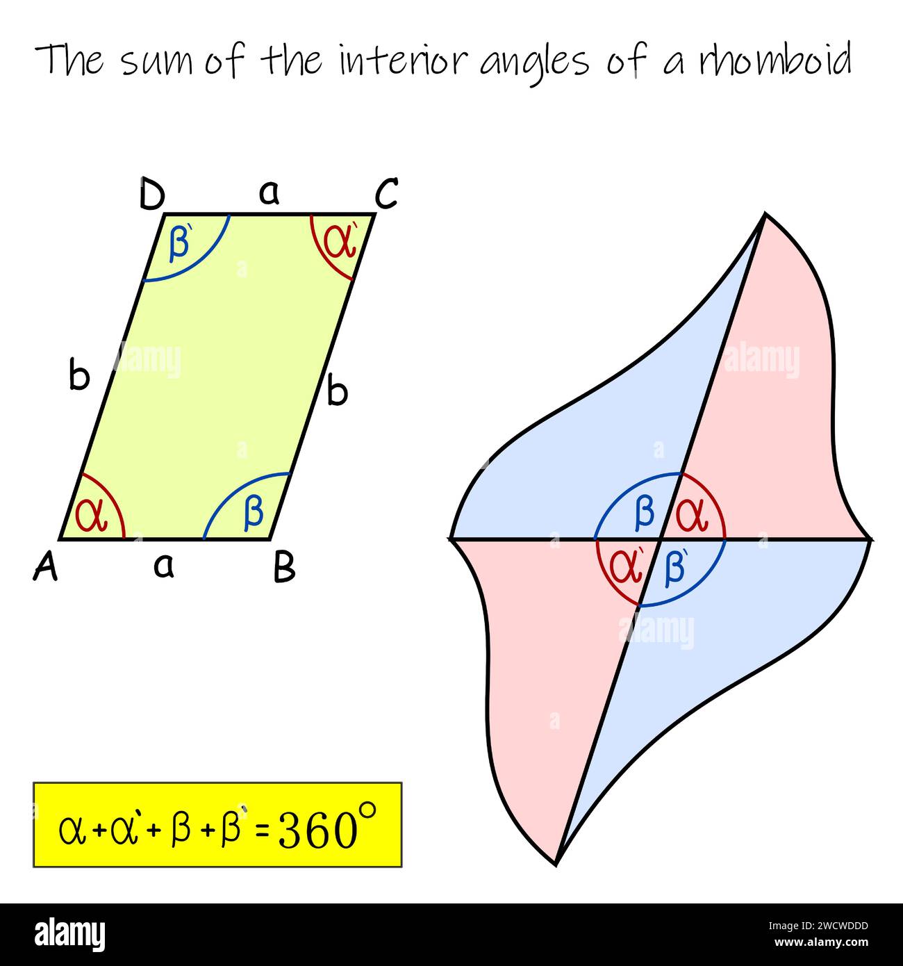 The sum of the internal angles in the rhomboid is 360 degrees ...