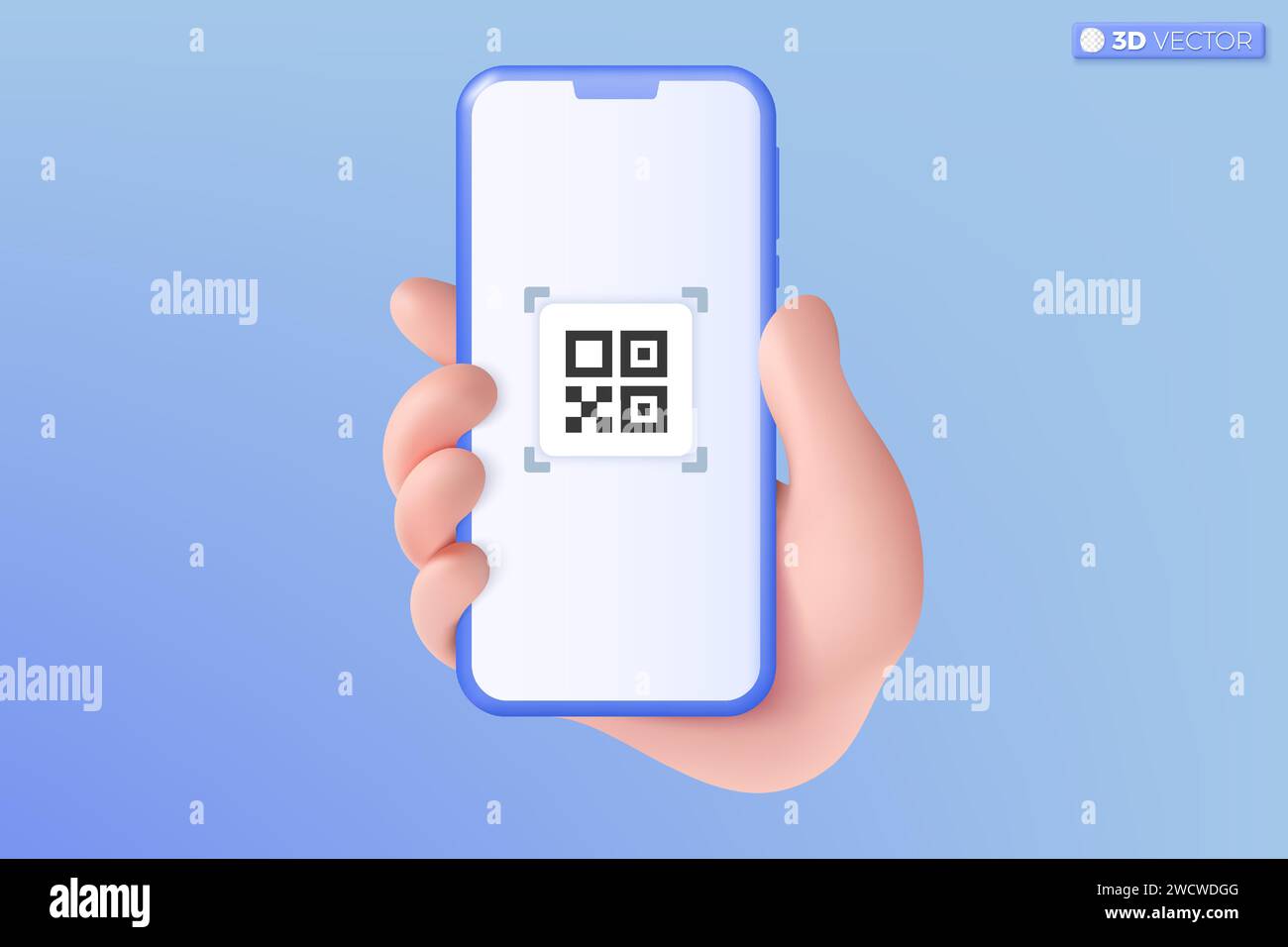 3d hand holding mobile phone scanning QR code icon symbol. Shopping ...