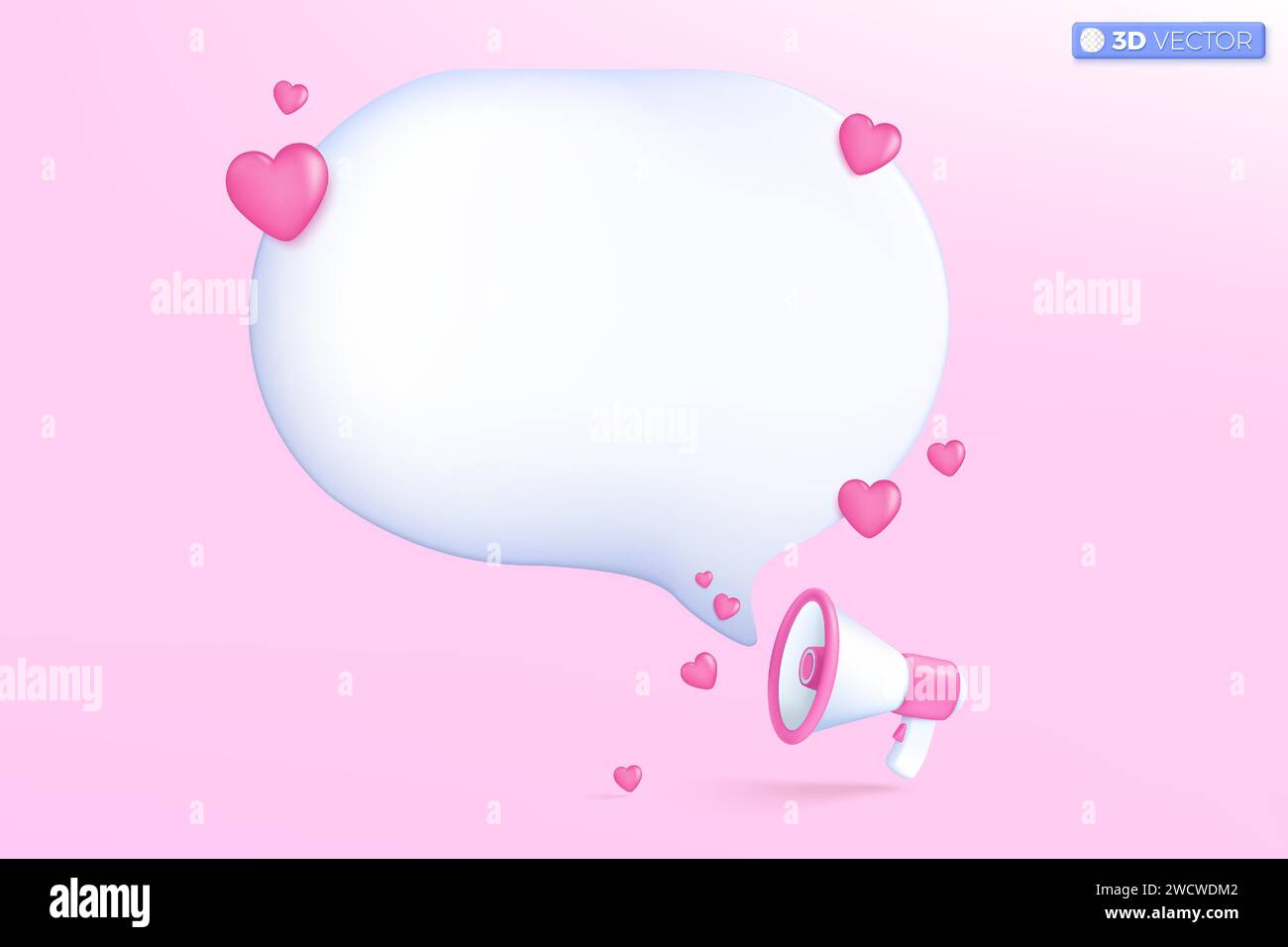 3d megaphone speaker and pink heart icon symbol. Valentine's Day ...