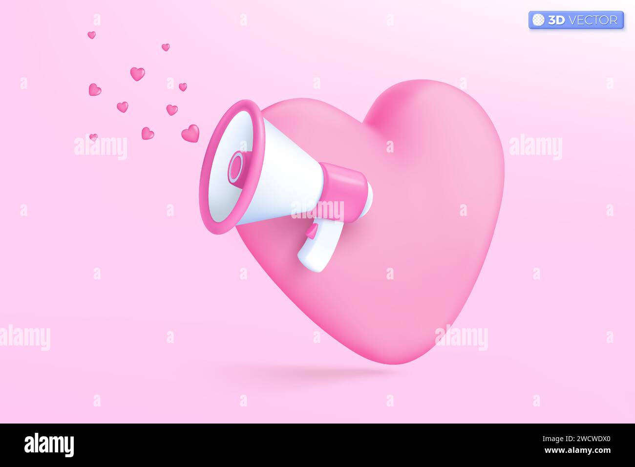 3d megaphone speaker and pink heart icon symbol. Valentine's Day ...