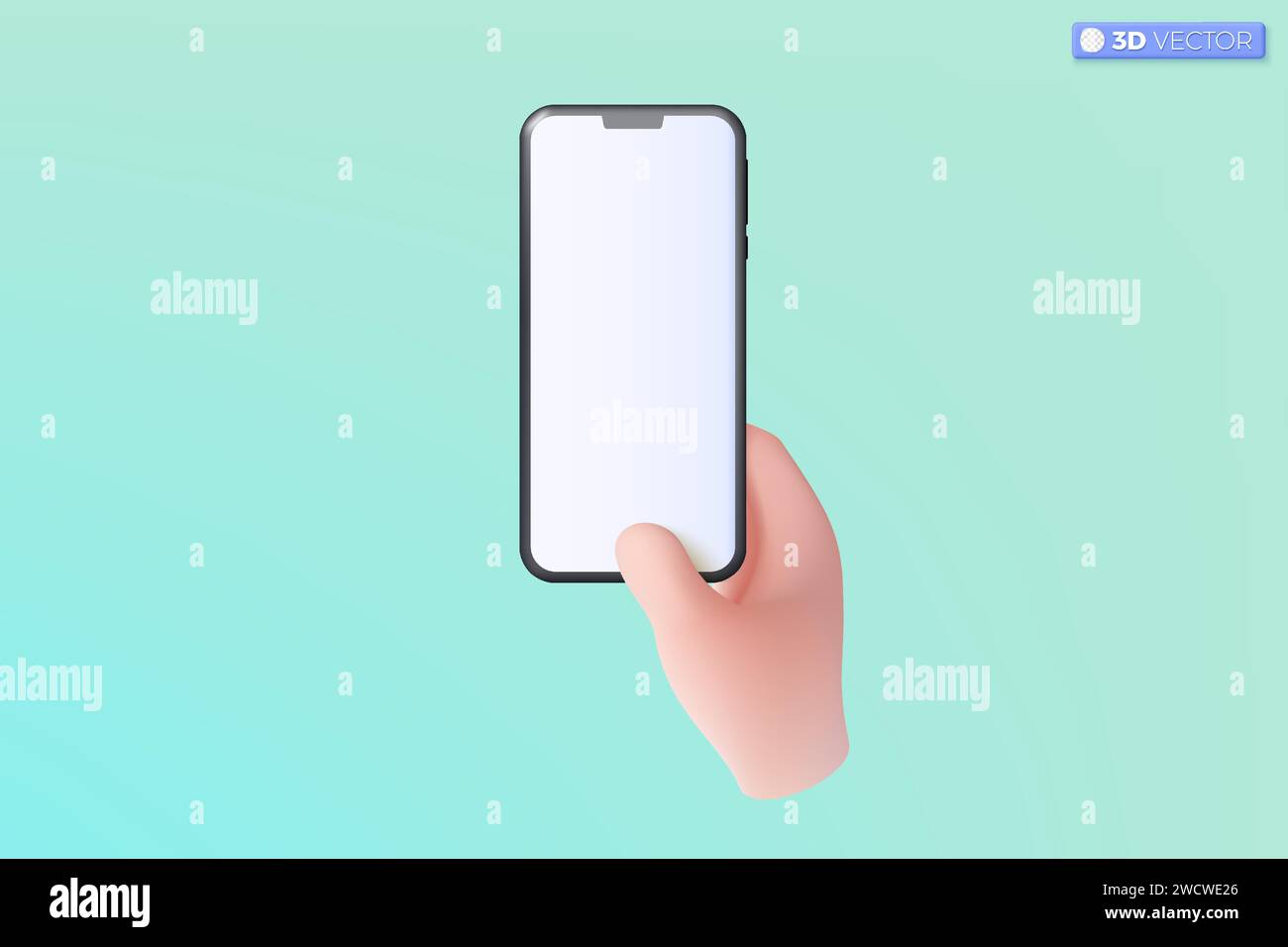 3d hand holding mobile phone icon symbol. Realistic smartphone with empty screen, Phone mockup ...
