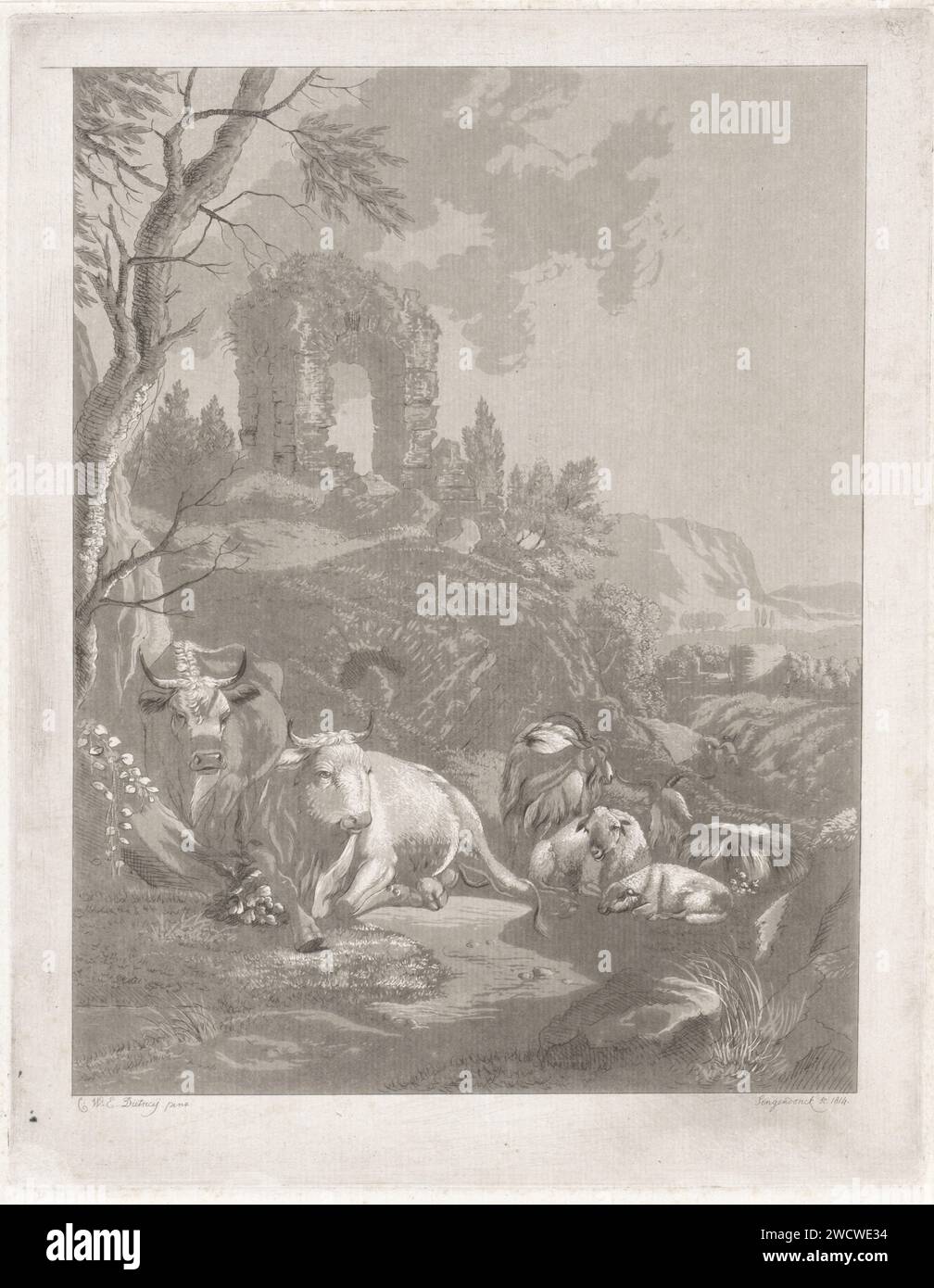 Cows, goats and sheep in a mountainous landscape with ruin, Diederik ...
