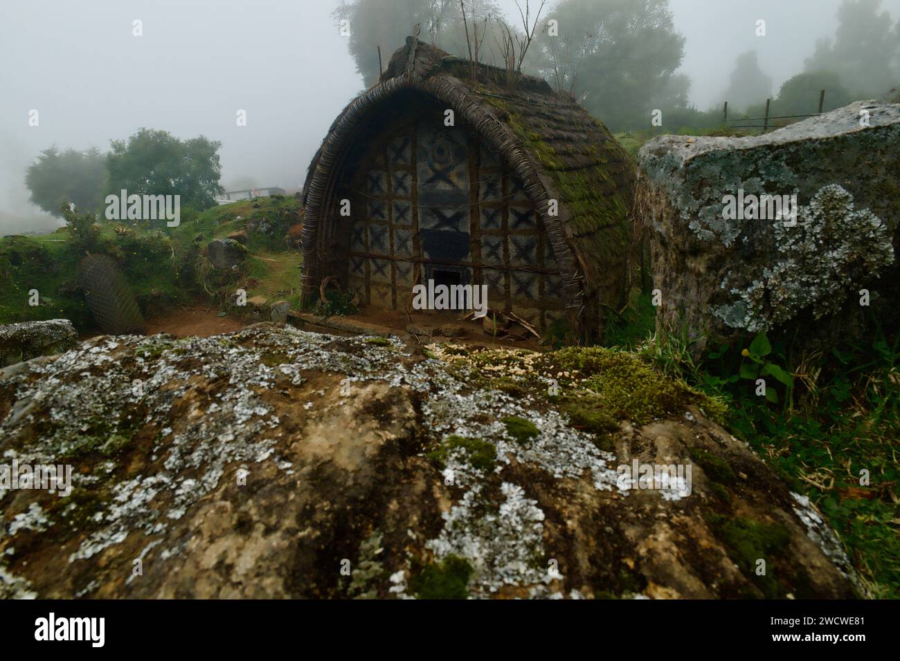 A quaint Toda tribe hut in a green foggy landscape. Tamil Nadu, India ...