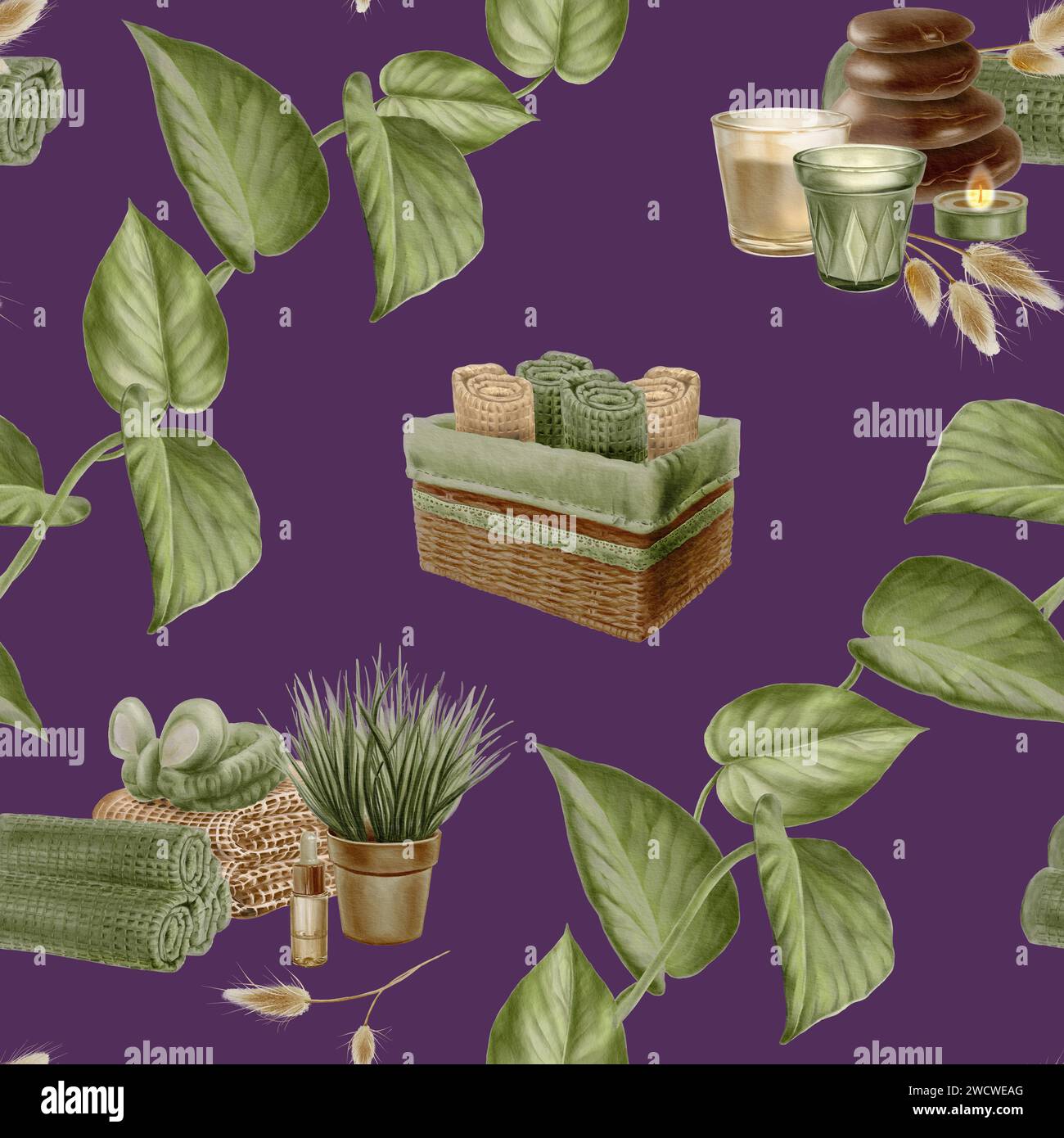 Seamless pattern on dark purple background with theme spa in eco ...