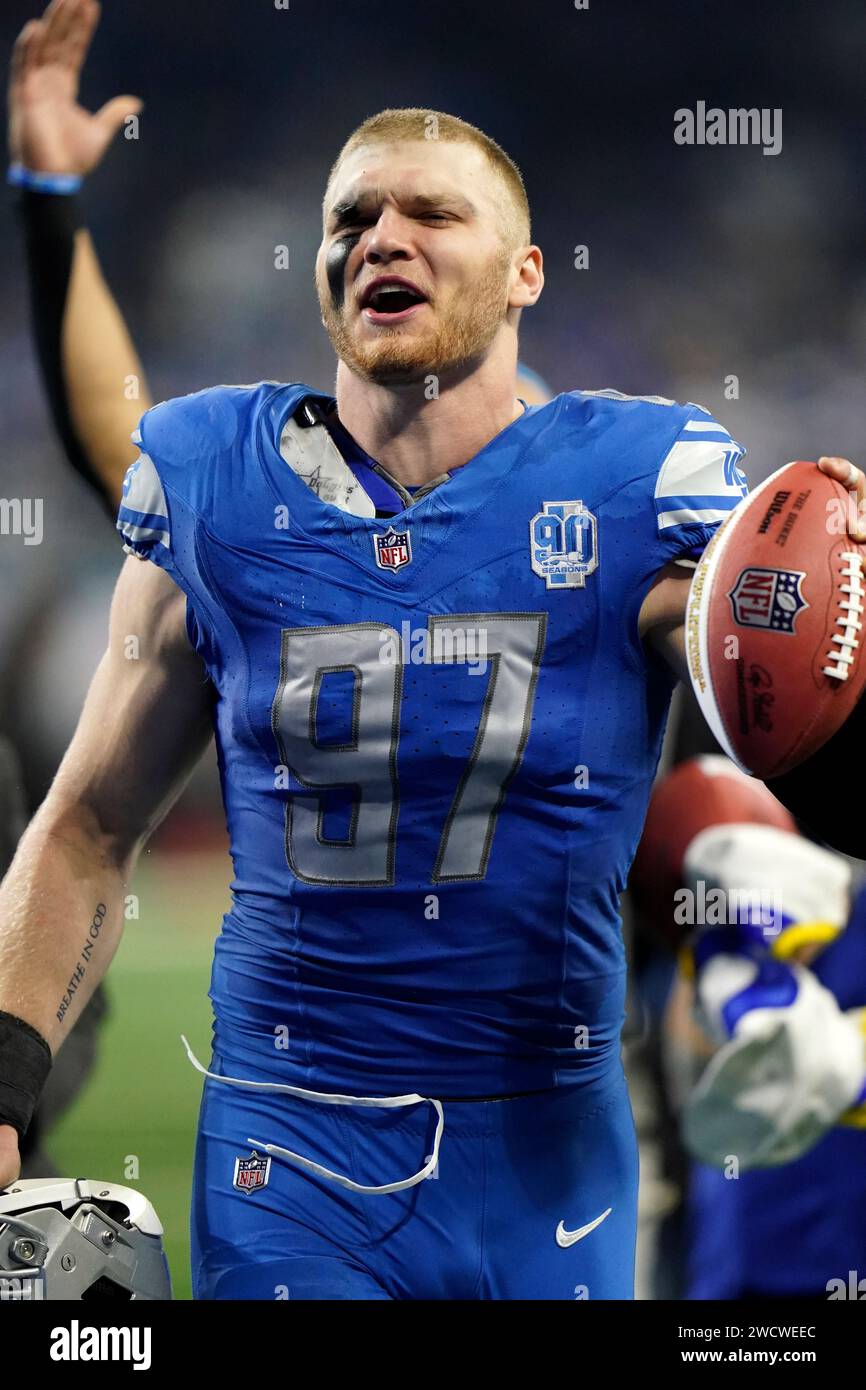 Detroit Lions defensive lineman Aidan Hutchinson after an NFL wild-card ...