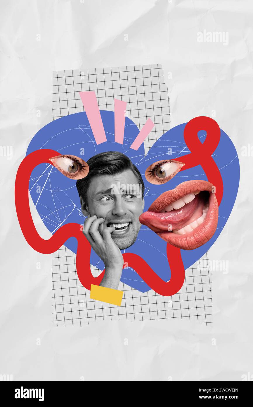 Vertical collage placard of tricky flirty woman observing worried ...