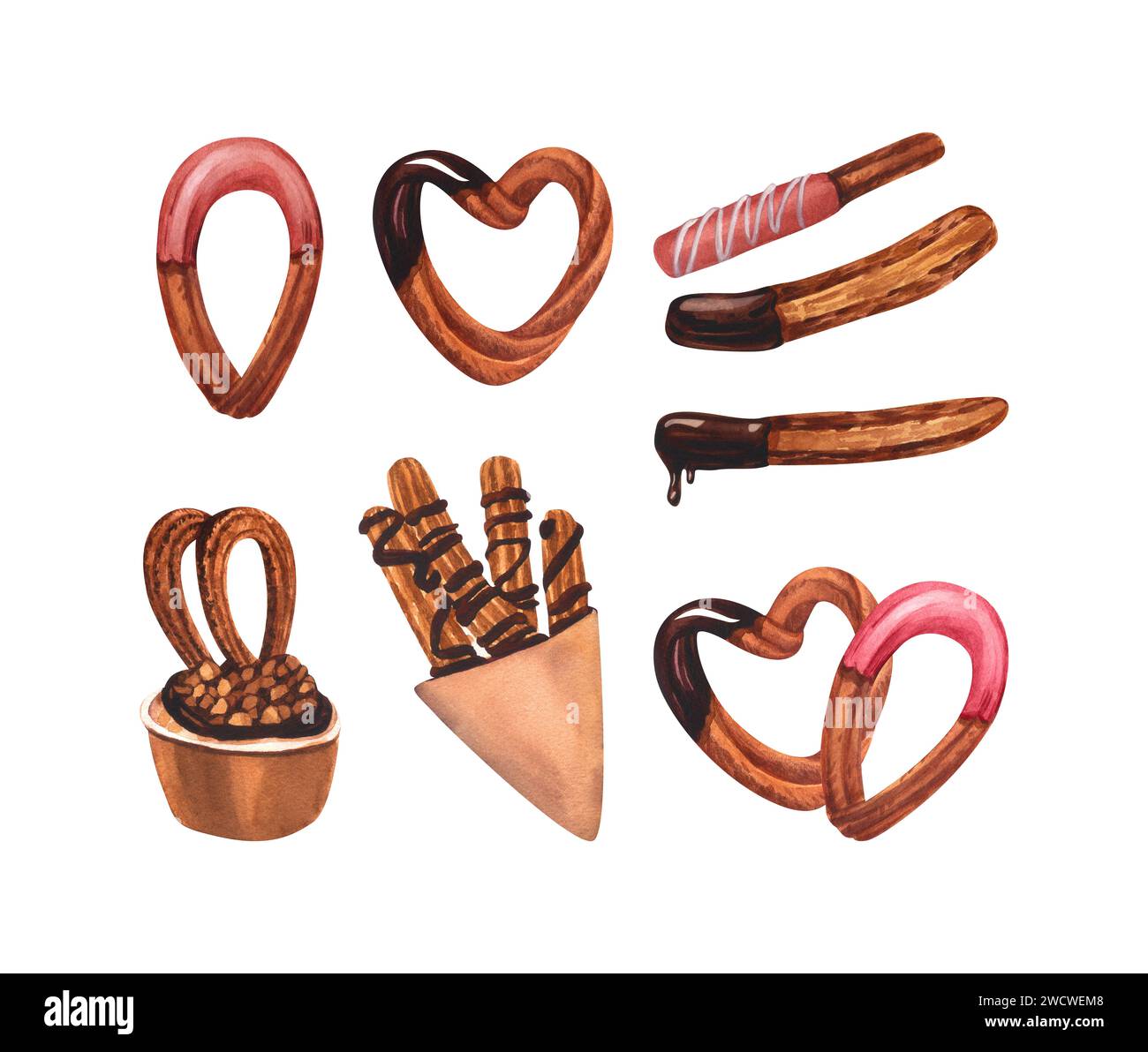 Churros sticks, hearts fried sweet biscuit dipped in chocolate sauce ...