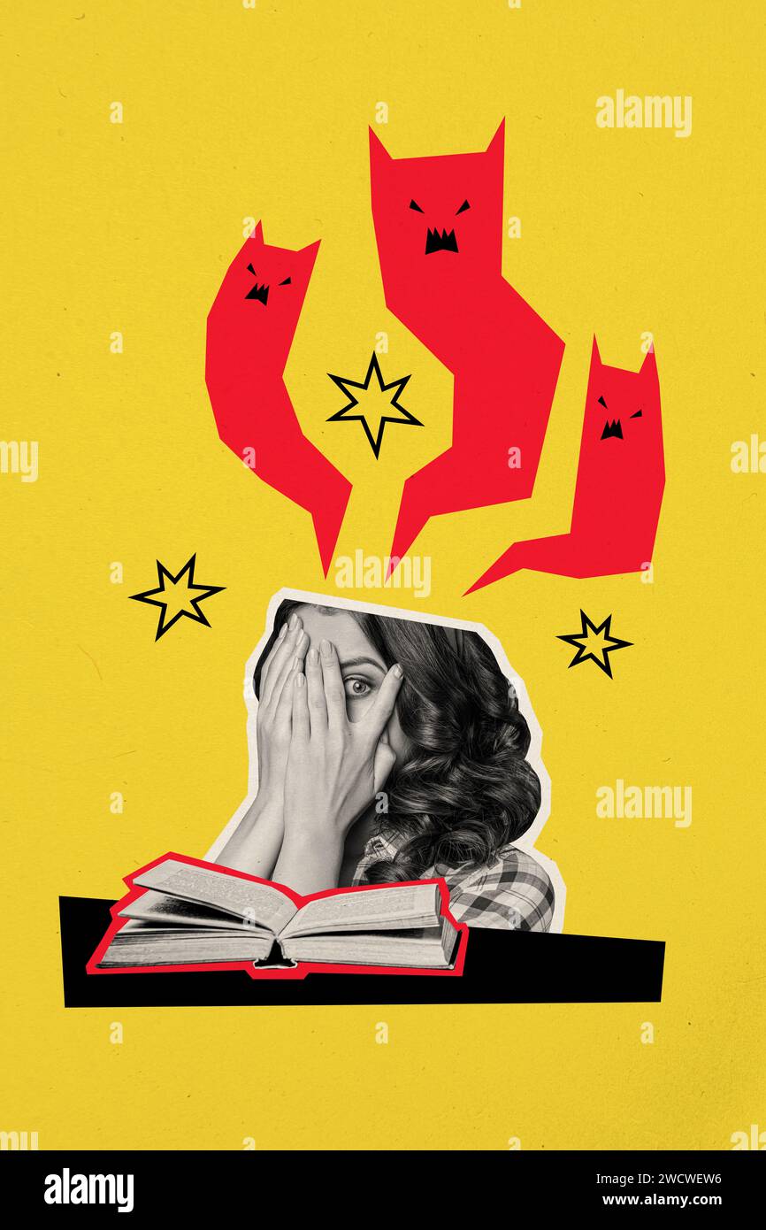 Vertical drawing collage of young scared girl reading horror book at ...