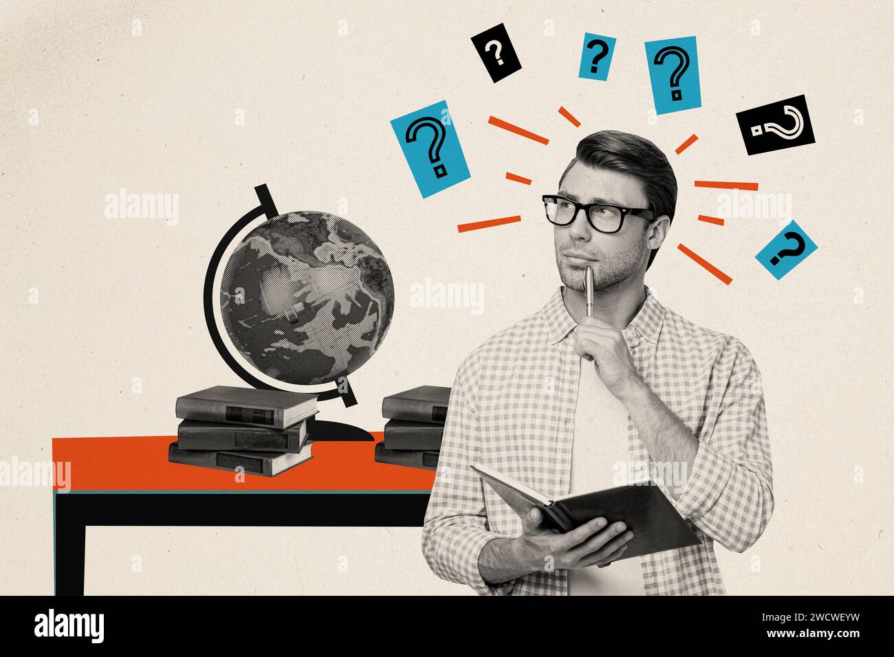 Creative poster collage of clever man look unsure question sign read ...
