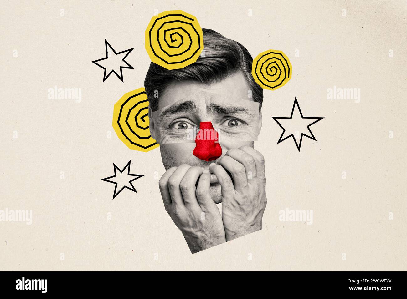 Creative drawing collage picture of confused scared man bite fingers ...