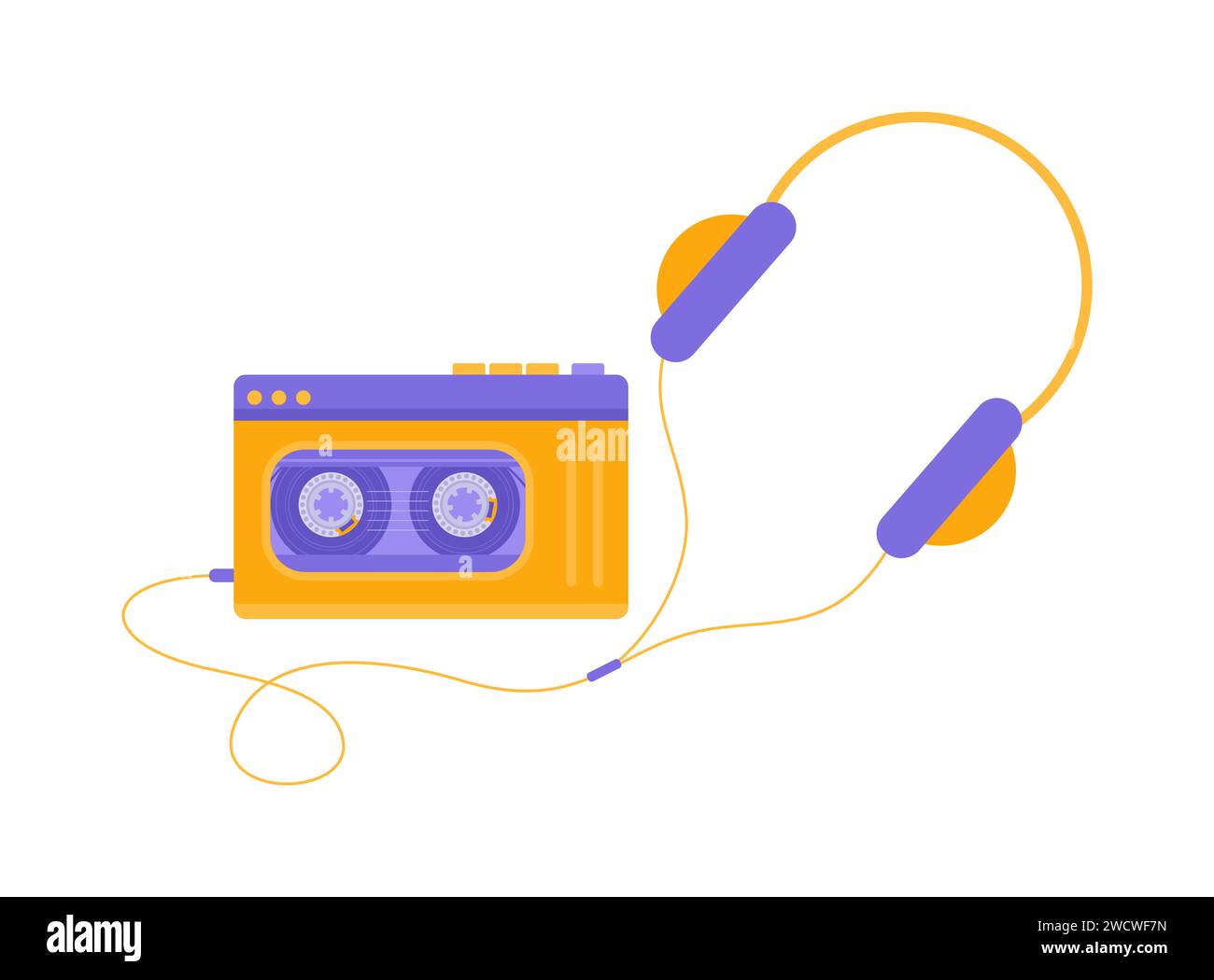 Yellow and purple retro audio player with headphones isolated on white ...
