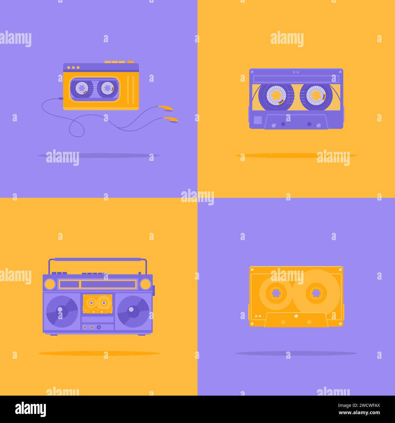 A set of purple and yellow boombox, audio player and audio cassette ...