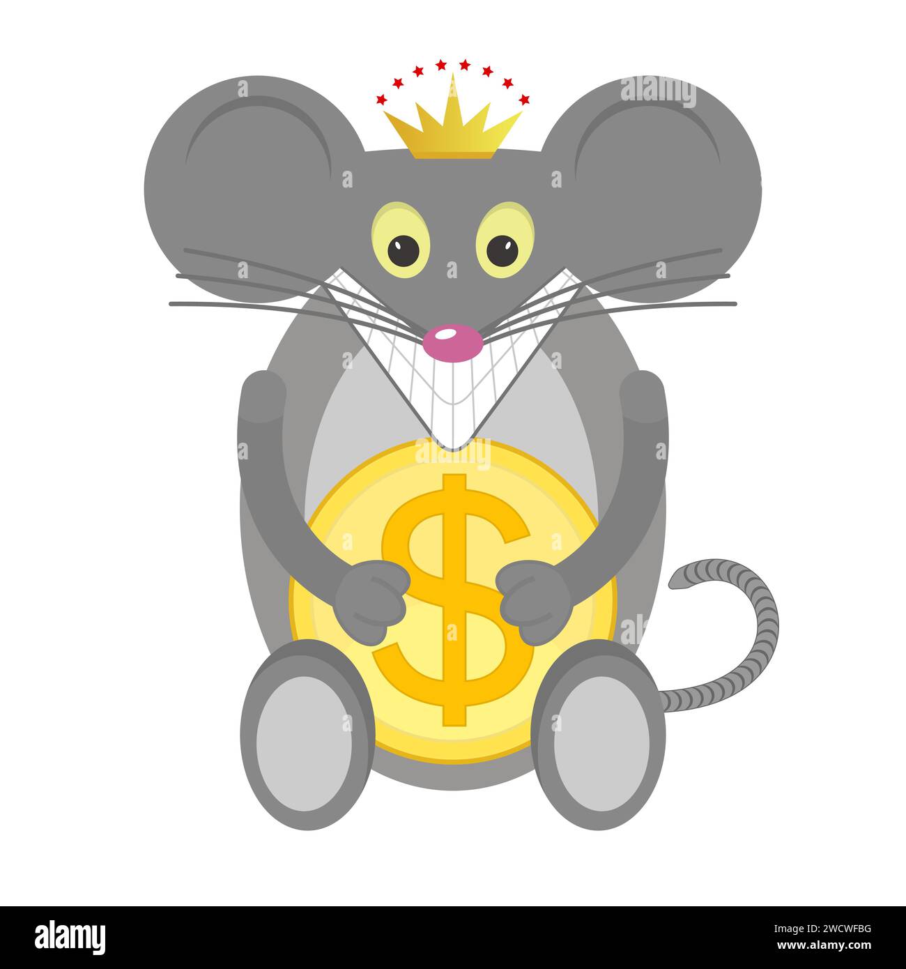 A gray mouse with a crown on its head holds a big gold coin in its paws ...