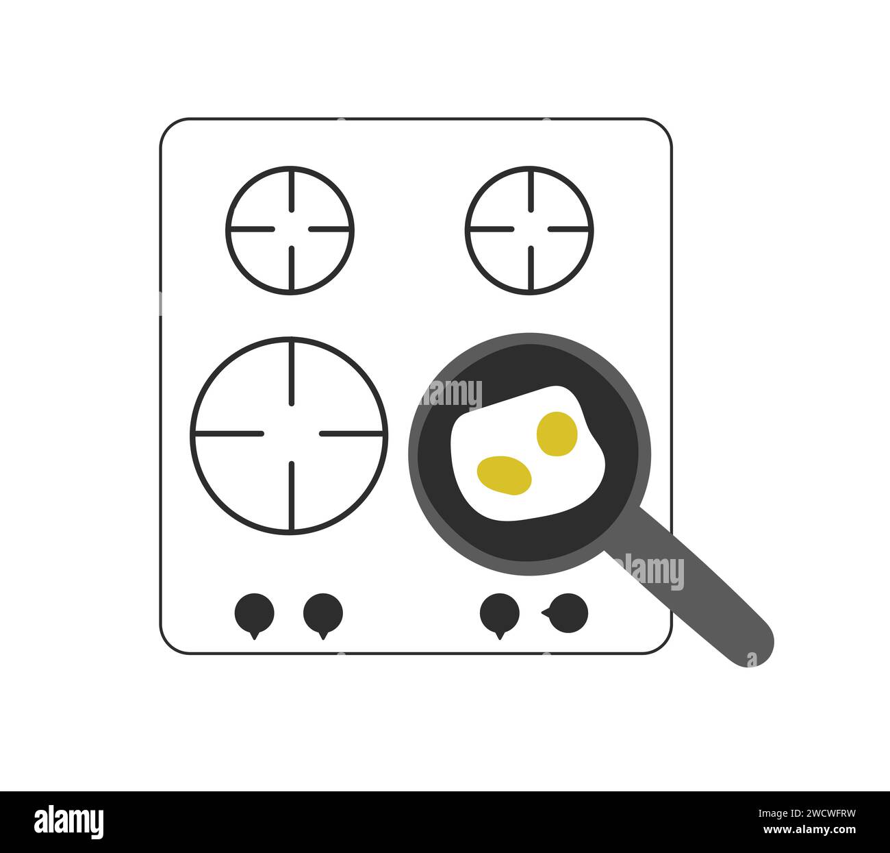 Composition of kitchen gas stove with pan and fried eggs on it. Simple ...