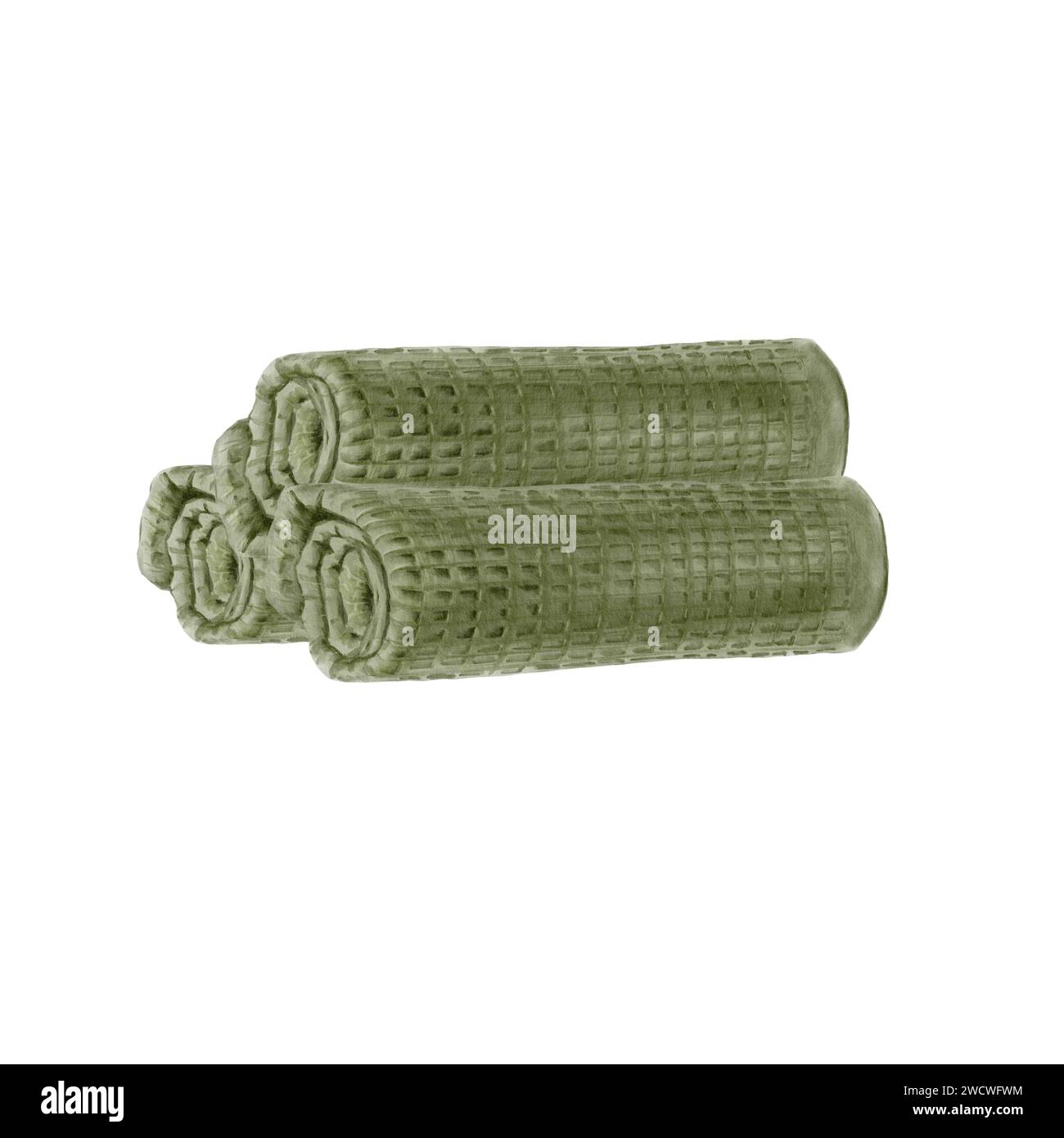 Rolled green cotton waffle towels. Watercolor illustration. An isolated ...