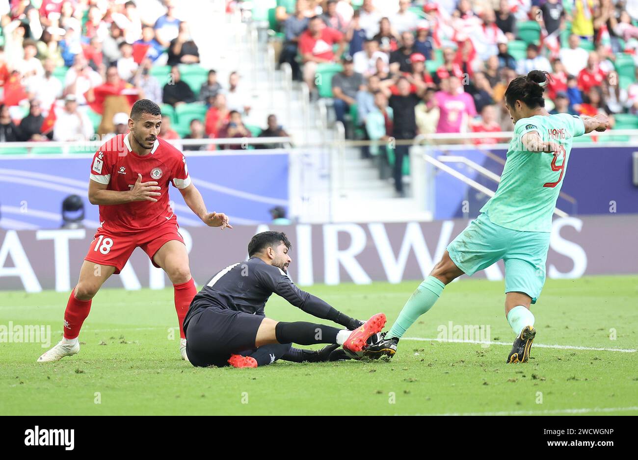 Doha, Qatar. 17th Jan, 2024. Mostafa Matar (C), goalkeeper of Lebanon ...