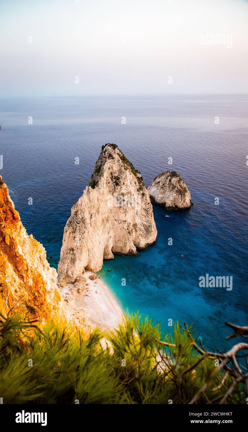 viewpoint of Keri and the famous Mizithres rocks with turquoise sea at ...